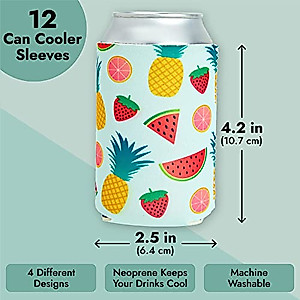 12-Pack Tropical Neoprene Can Cooler Sleeves for Beer, Soft Drinks, Water Bottles, Soda Covers for Bridal Shower, Bachelorette, Beach, Luau, Pool Parties, 4 Summer-Themed Designs (12 Oz)