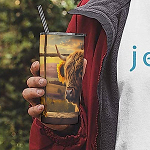 Highland Cow From Window Sunflower Sunset 20 Oz Tumbler with Straw Lid Insulated Travel Coffee Mug Large Capacity Car Cup