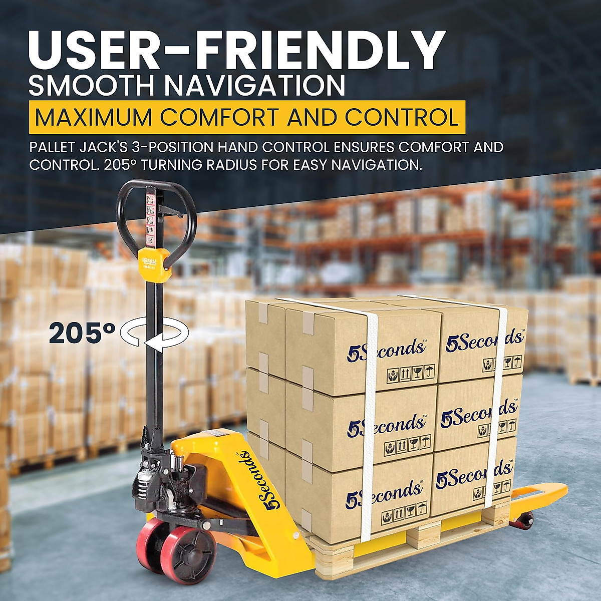 5Seconds - Steel Pallet Jack, Hand Lift Jack Tool with Hydraulics System, Safe Moving Equipment for Industrial & Commercial Use, 48" L x 27" W x 47" H, 5500lb Capacity, Fork Sizes 48” x 27”