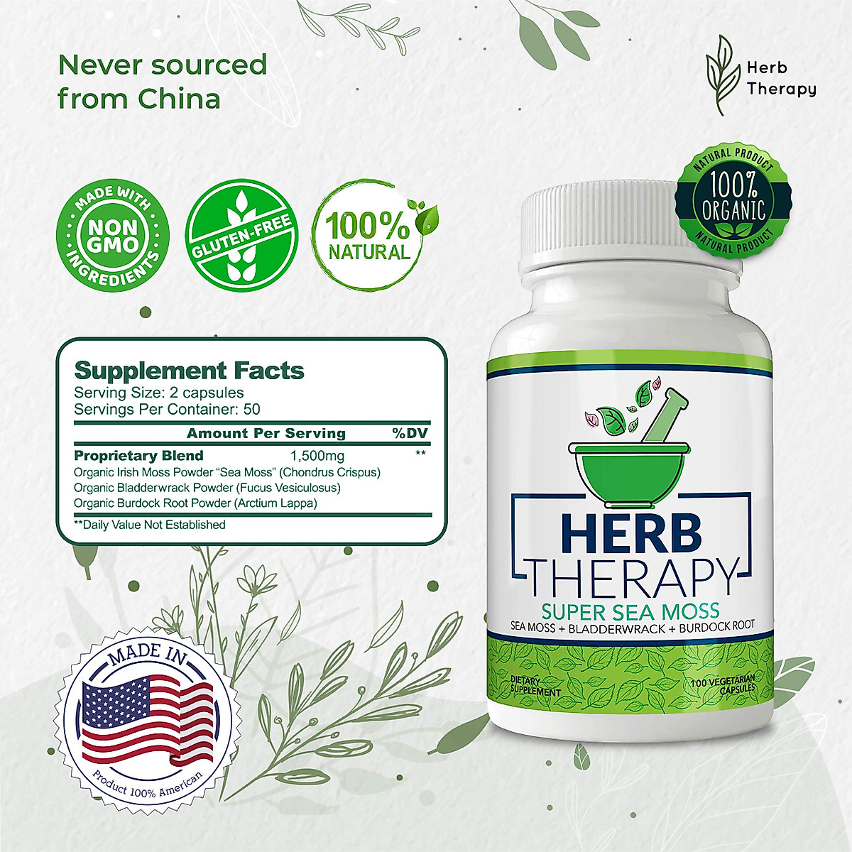 Herb Therapy Sea Moss Capsules 100 Pack - Irish Sea Moss with Bladderwrack Powder & Burdock Root Powder - Keto & Alkaline Diet Support - No Fillers Seamoss Raw Supplement