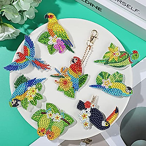 Augisteen 10 PCS Tropical Birds Diamond Painting Keychains Hawaiian Parrots Diamond Art Key Rings Luau Party Hanging Pendants Double Sided 5D Diamond Ornaments for DIY Crafts Summer Party Supplies