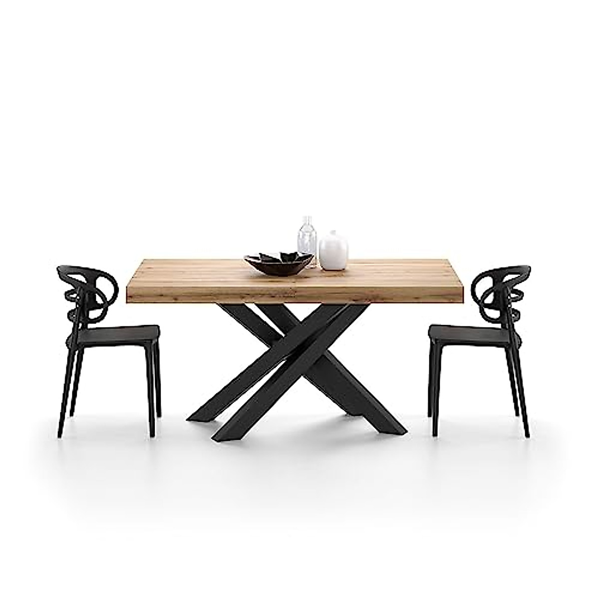 Mobili Fiver, Emma 160 Extendable Dining Table, Rustic Oak with Black Crossed Legs, Laminate-Finished/Iron, Made in Italy
