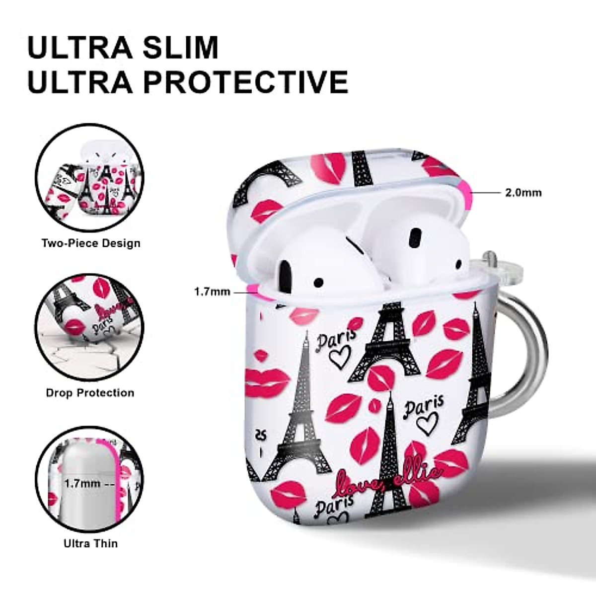 Shockproof Case for Apple AirPods 1 & 2 with Keychain, Cute, Protective, Fashion AirPods Case with Clip (Eiffel Tower)