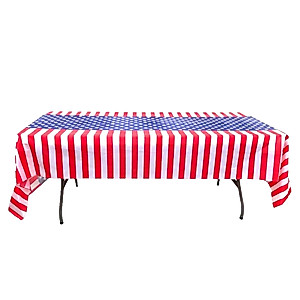 Oojami Pack of 6 American Themed Plastic Tablecloths | Red, White, Blue Striped | Disposable Rectangular Cover (54"x108") | Perfect for 4th of July Parties & Picnics