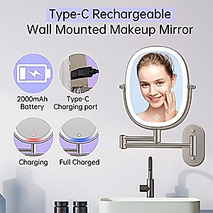 Rechargeable Wall Mounted Lighted Makeup Vanity Mirror, Double Sided 1X/7X Magnifying Mirror, 3 Color Lighting Option Dimmable, 360 Rotation Extension Foldable Arm, Oval Frame Shaving Light up Mirror
