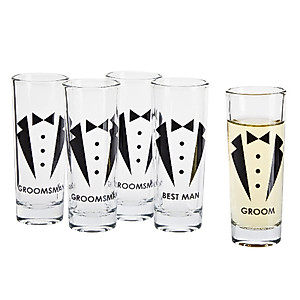 BLUE PANDA Set of 5 Groomsmen Shot Glasses with Tuxedos for Bachelor Party Decorations and Favors or Groomsmen Gifts, Wedding Shot Glasses, Heavy Base for Tequila, Whiskey, Vodka (2 oz Each)