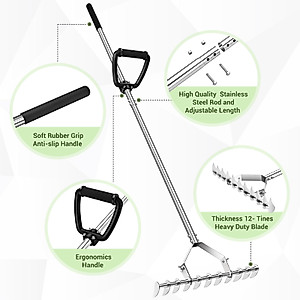 ZZM Thatch Rake, 15.7 Inch Lawn Thatching Rake for Cleaning Dead Grass, Stainless Steel Dethatching Rake with Back-Saving Handle, Grass Rake with Curved Steel Tines for Lawn Loosening Soil, 60" Length