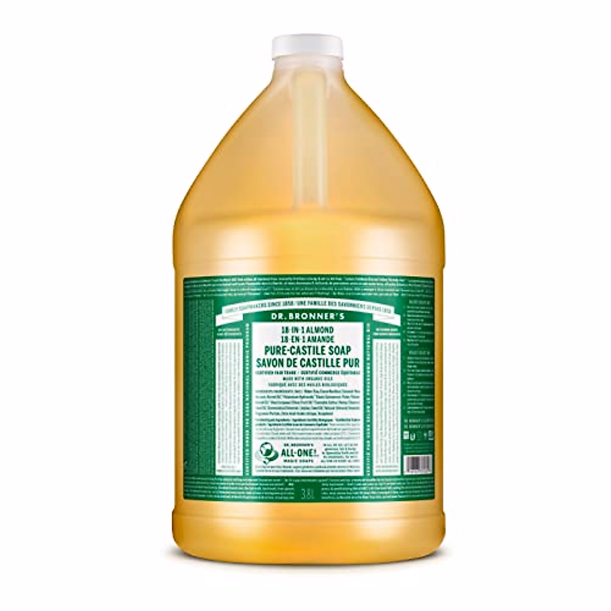 Dr. Bronner’s - Pure-Castile Liquid Soap (Almond, 1 Gallon) - Made with Organic Oils, 18-in-1 Uses: Face, Body, Hair, Laundry, Pets and Dishes, Concentrated, Vegan, Non-GMO