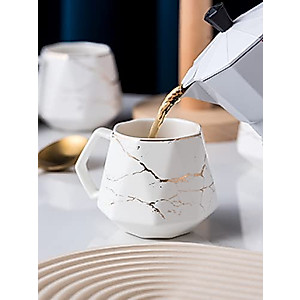 Jusalpha 7PC Deluxe Golden Marble Porcelain Coffee Mug Set with Wooden Mug Tree Holder, TCS28 (White)