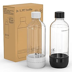 Mycket Soda Maker Bottles, Carbonating Bottles, 1L BPA Free Reusable PET Sparkling Water Bottles for Soda Machine, 2 Pack, Black+White