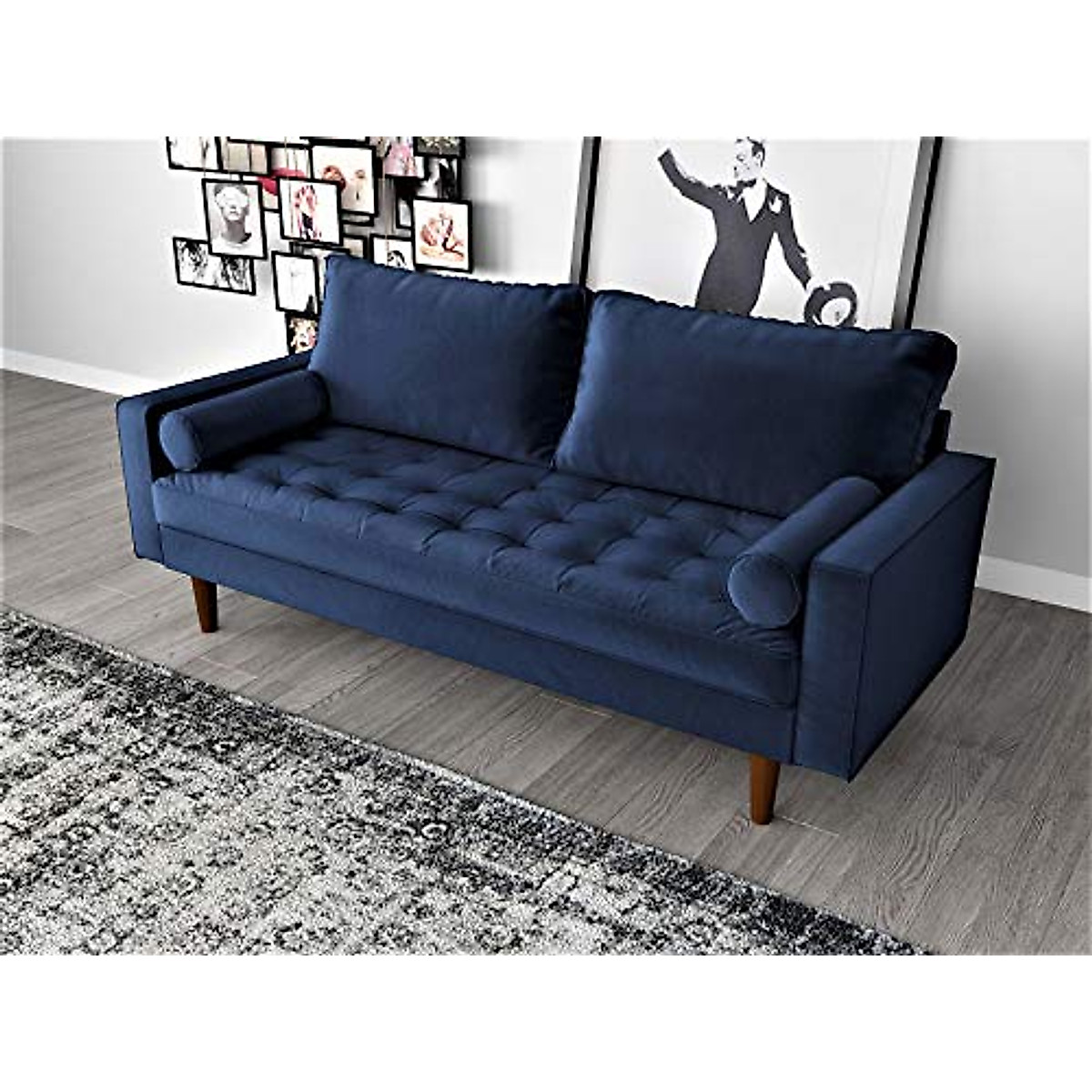 Container Furniture Direct Womble Modern Velvet Upholstered Living Room Diamond Tufted Chesterfield Sofa with Gleaming Nailheads, Misty Blue
