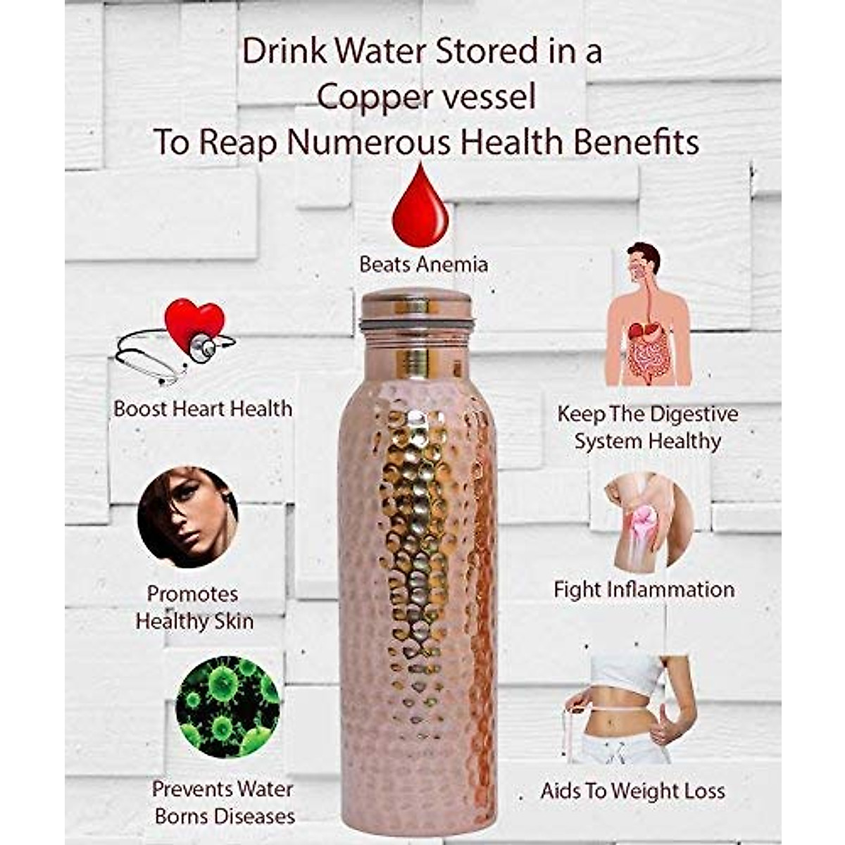 AUNERCART Hammered Copper Water Bottle 32 Oz Copper Vessel Lower Sugar Intake Enjoy Health Benefits Yoga Gym Sports Bottle