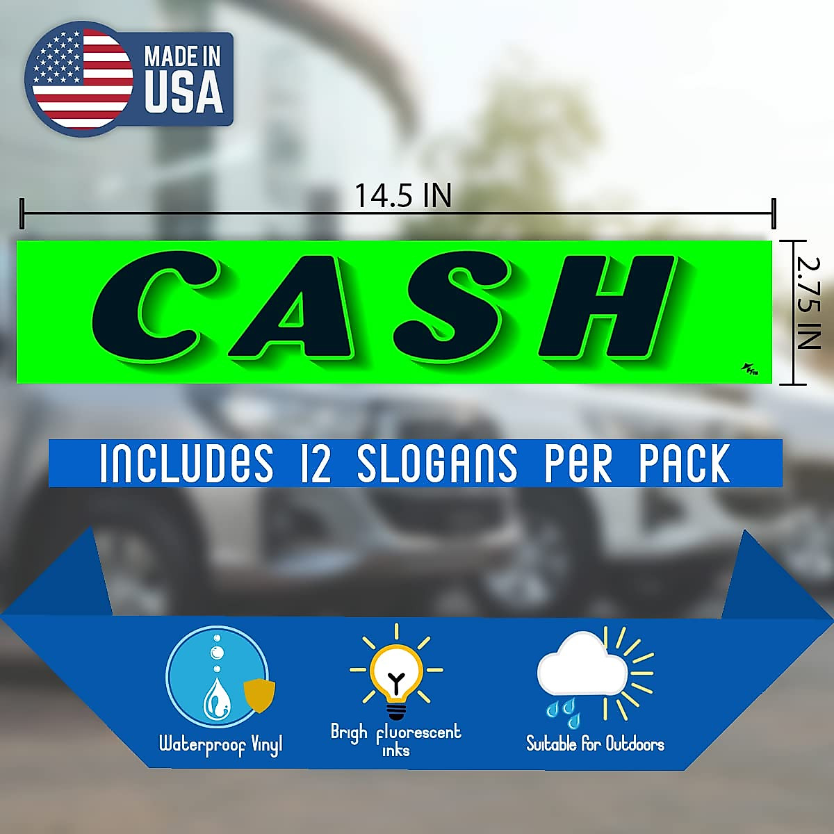 Versa Tags Windshield Slogan Stickers 12 Pack Each of Cash, 4X4, 3RD Row Seating, WE Finance, FINANCING Available (60) Window Stickers Total Dealership Stickers Black On Green