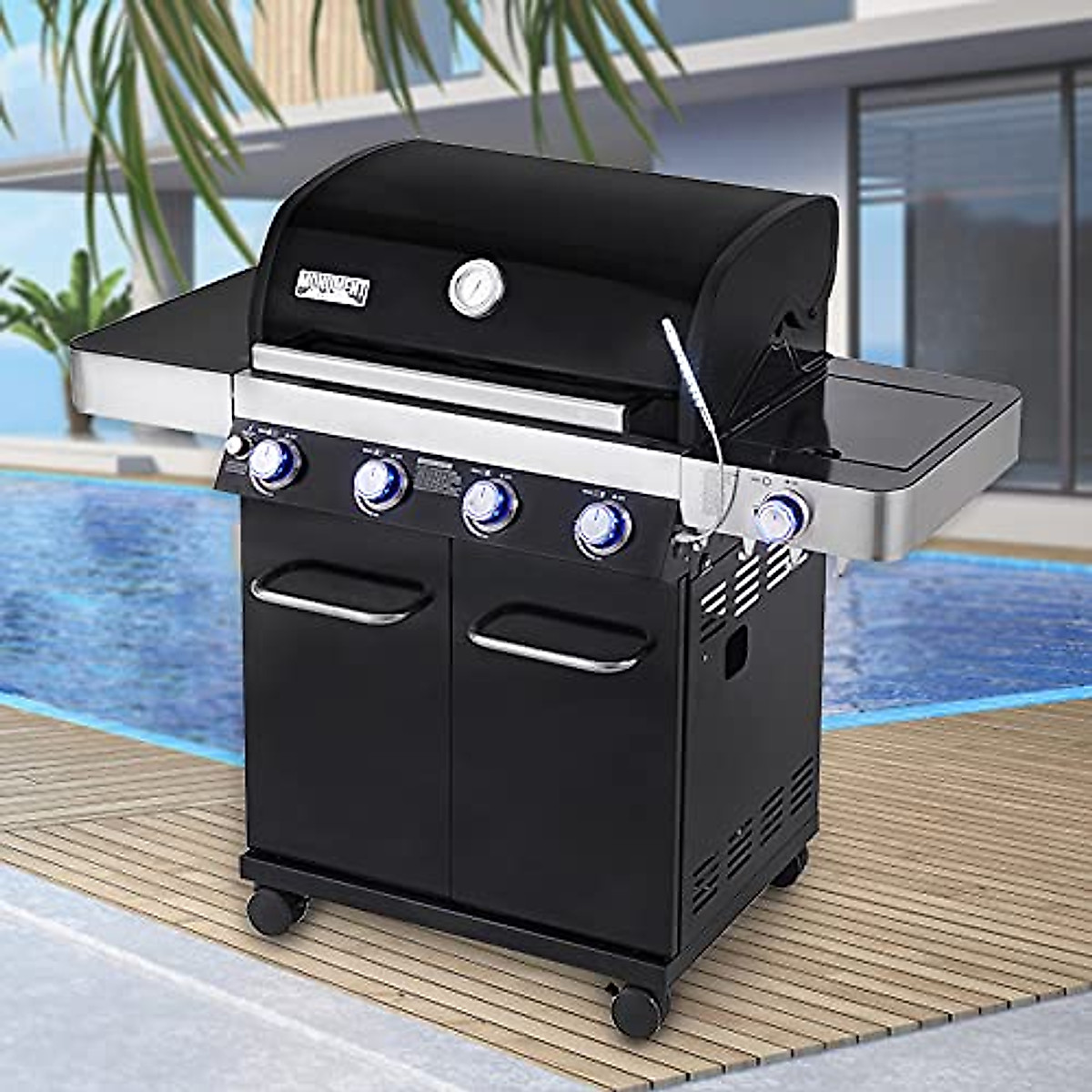 Monument Grills Larger 4-Burner Propane Gas Grills Cabinet Style, Black,LED Controls,Side Burner,USB Light-13892
