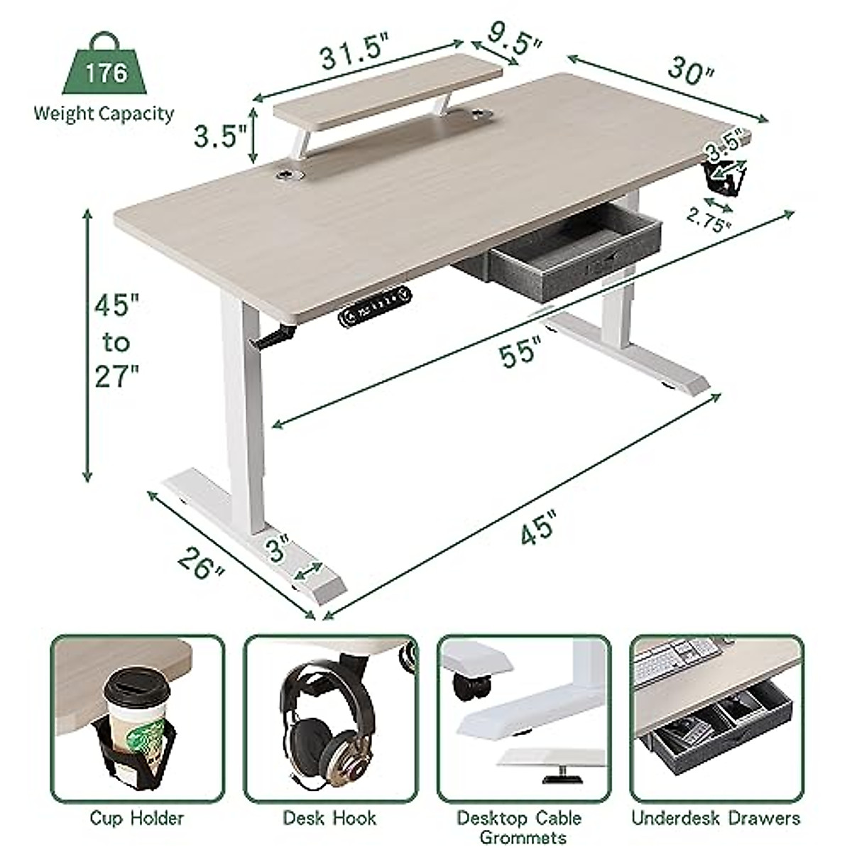 BUNOEM Height Adjustable Electric Standing Desk with One Drawer, Table with Storage Shelf, Sit & Stand Home Office Desk with Storage Space (Oak, 55x30)