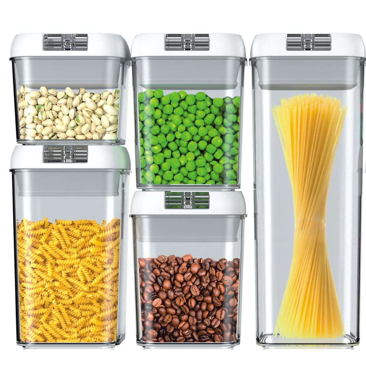 Airtight Food Storage Containers Set with Lids 5 Units Sets for Kitchen Pantry Organization and Storage, Leak-Proof Stackable Canister, include Measuring Spoon & Labels (White, 5)