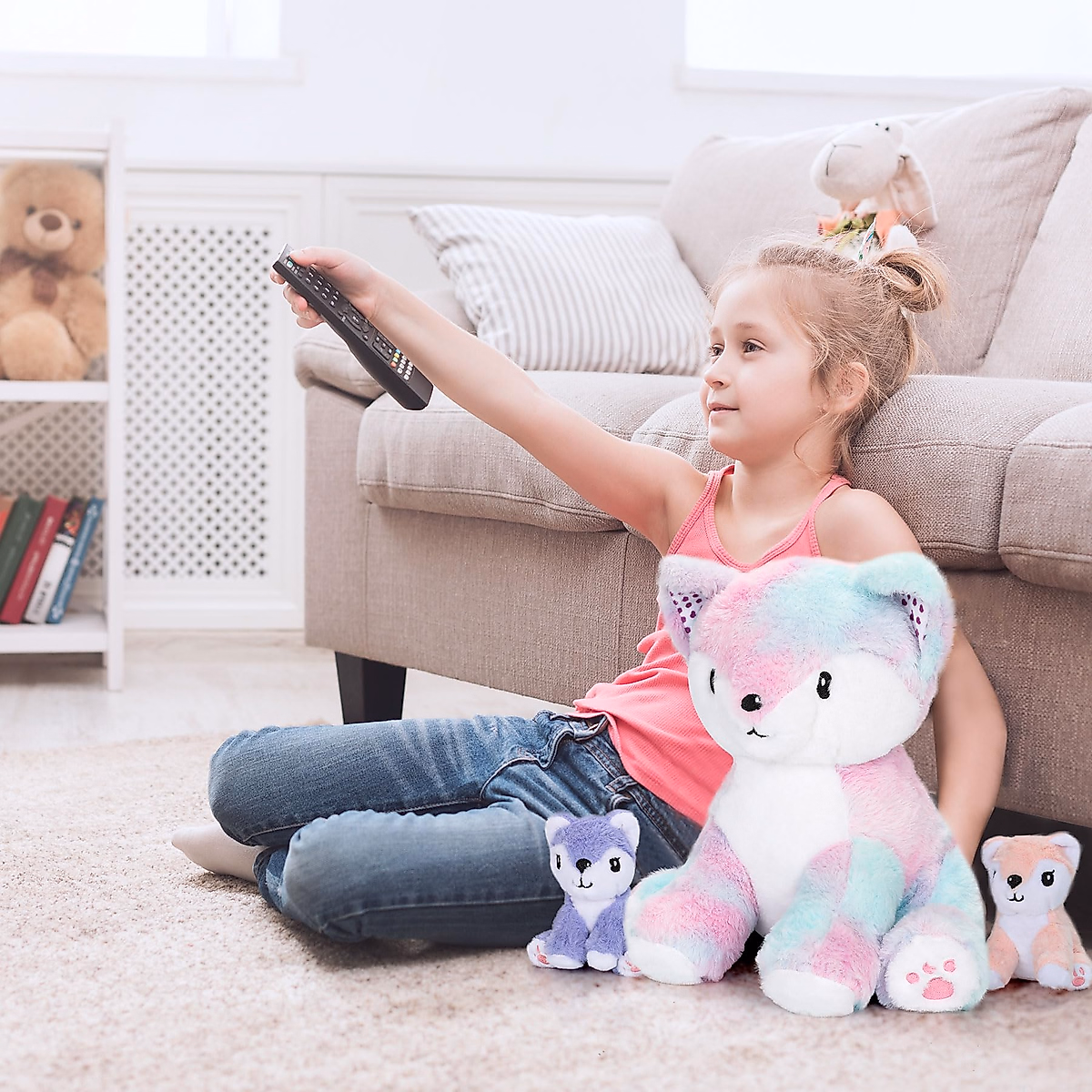 Smikawy Fox Stuffed Animal Set - Fluffy Rainbow Fox Toys Family, Perfect for Christmas or Birthday Gifts for Girls & Boys