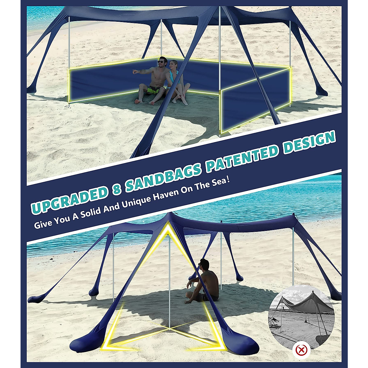 EYEFAME UPF50+ Anti-Wind Beach Tent with Sandproof Private Beach Wind Screen, Stable 8 Sandbags Design Beach Canopy Sun Shade with Carrying Bag, Portable Easy Assemble Sun Shelter for Outdoor Camping