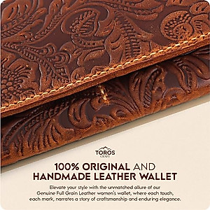 Toros Craft Handmade Western Wallets for Women, Genuine Tooled Leather & Long Credit Card Holder, Cowhide Slim Cell Phone Case, Large Capacity, Cute Clutch & Purse & Handbag (Camel)