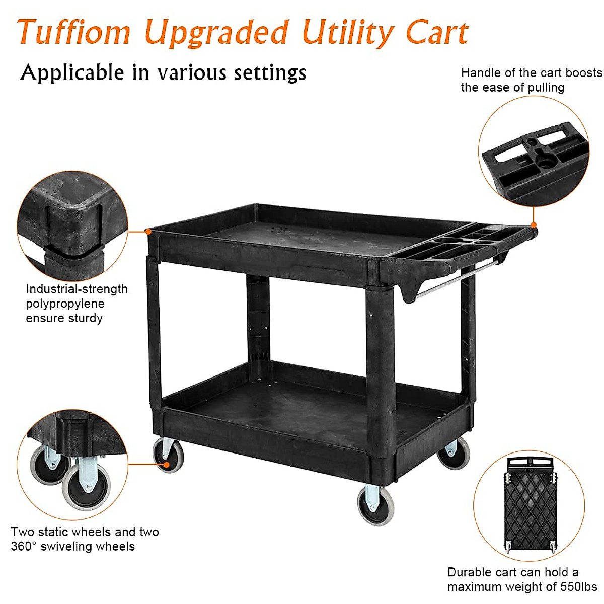 TUFFIOM Plastic Service Utility Cart with Wheels, 550lbs Capacity Heavy Duty Tub Storage Cart W/Deep Shelves, Multipurpose Rolling Extra Large 2-Tier Mobile Storage, for Warehouse Garage Industrial
