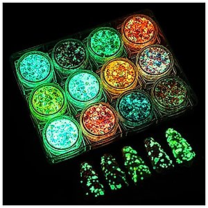 Glow in The Dark Body Face Glitter Gel, 12 Colors Luminous , Self-Adhesive UV Black Light Iridescent Chunky Glitter for Hair/Eyeshadow, Carnival Party Halloween Makeup