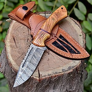 BG Knives Handmade Damascus Steel Hunting Fixed Blade Knife With Leather Sheath, Olive Wood Handle - 9.75" Length Full Tang Multipurpose Knife K-152
