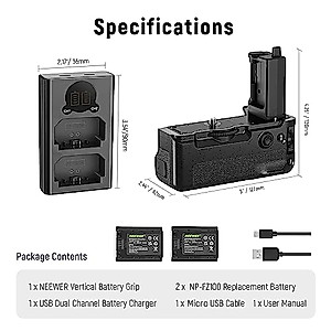 NEEWER Vertical Battery Grip Replacement for VG-C4EM with Two NP-FZ100 Batteries & Charger Kit, Compatible with Sony A7R V A7R IV A9 II A7 IV A7S III A1, BG A7IV