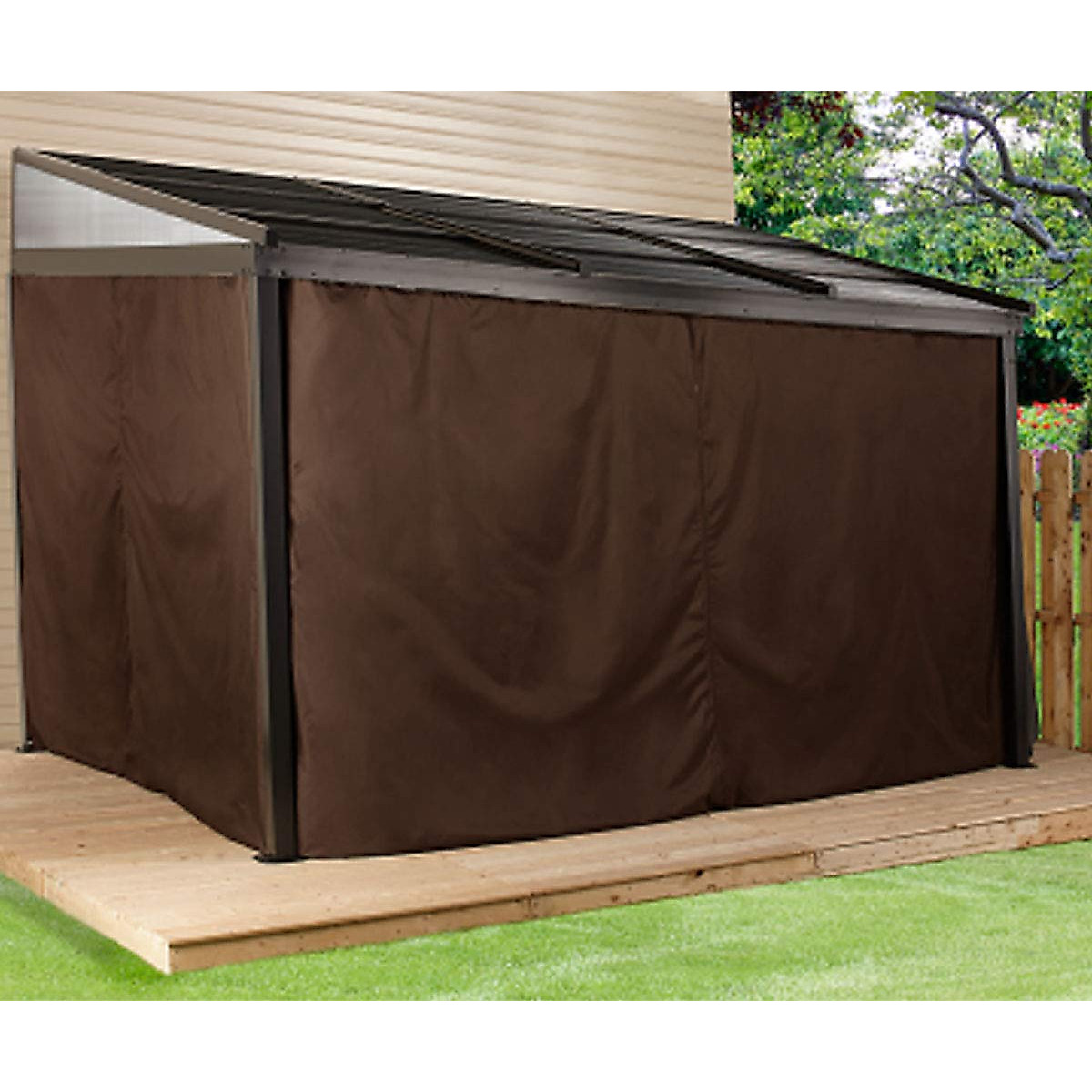Sojag 10' x 12' Francfort Wall-Mounted Hardtop Gazebo Outdoor Weather-Resistant Aluminum Frame Sun Shelter Black,Brown