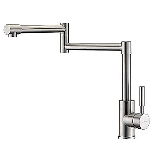 Heouty Modern Single Handle 2 Joints Free Rotating SUS304 Stainless Steel Pot Filler Faucet, Brushed Nickel Deck Mounted Kitchen Sink Faucet