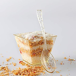 I00000 200 Pieces Small Plastic Dessert Cups with Mini Spoons Gold Glitter, Premium Quality, Includes Disposable Square Cups 2 Oz and 100 Pieces Gold Spoons
