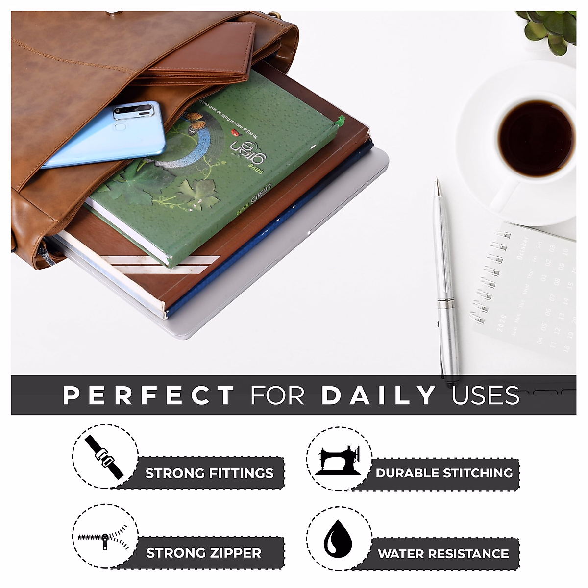 Oak Leathers Tan Leather Laptop Bags For Him And Her | Multiple Compartments | Spacious And Chic | Adjustable Shoulder Satchel