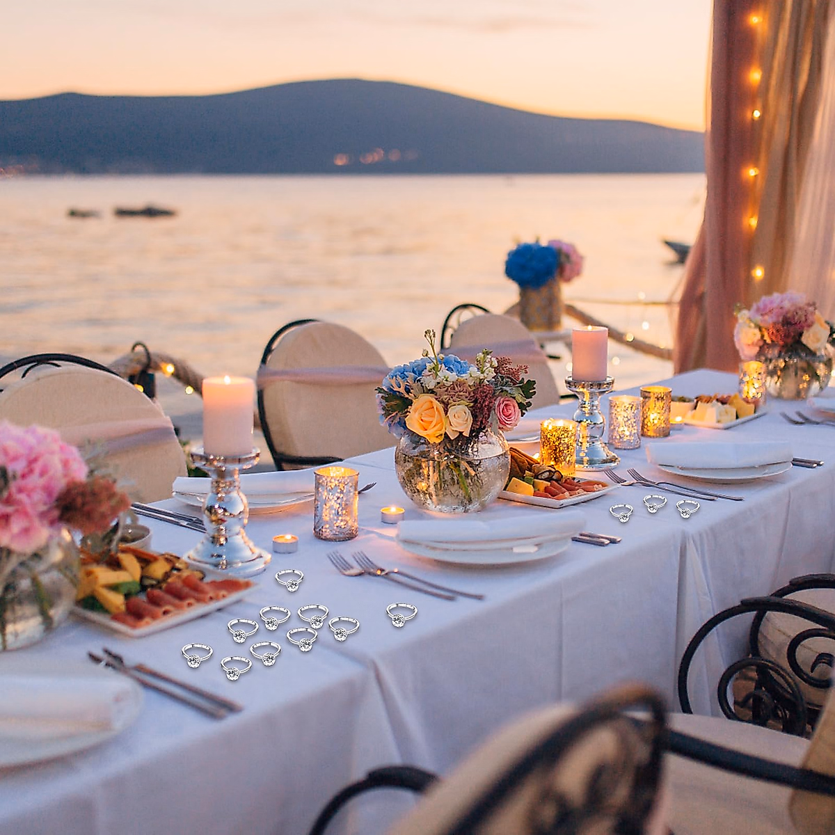 NEWITIN 80 Pieces Fake Rings Diamond Engagement Rings Silver Rings for Bridal Shower Party Game Wedding Table Decorations