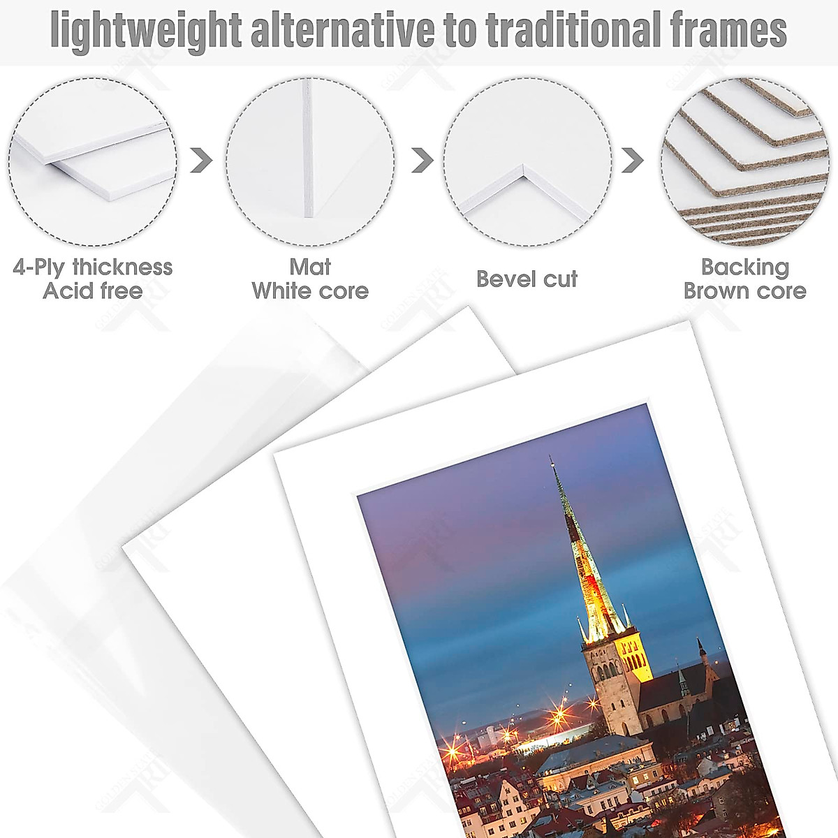 Golden State Art, Pack of 25, 5x7 White Picture Mat Full Set - Fit 4x6 Photo/Print - High Premier Acid Free Bevel Pre-Cut White Core Mattes - Includes 25 Backing Backer Board & Clear Bags