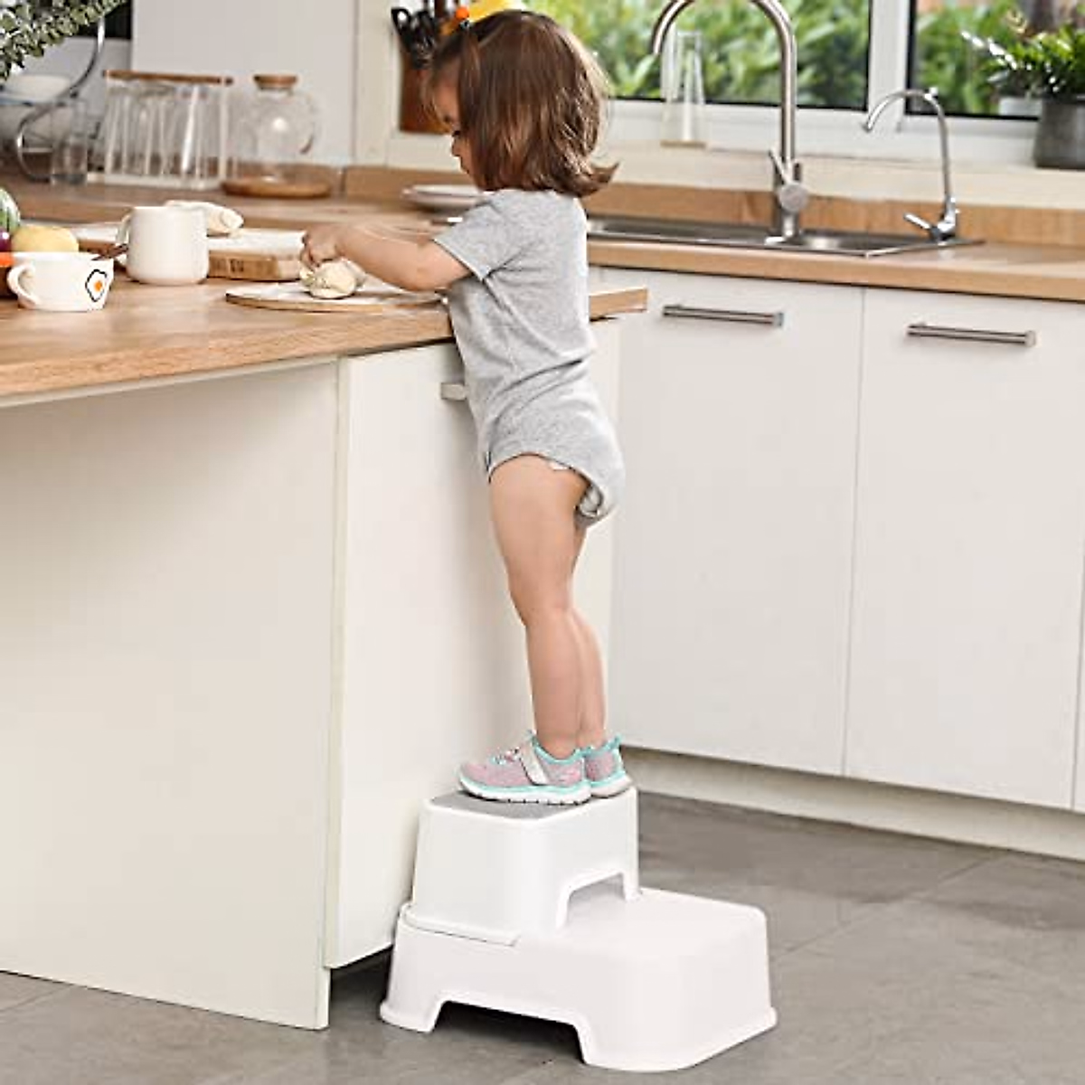 Two Step Stool for Kids, Double up Baby Child Toddler Stepping Stool for Potty Training,Bathroom Sink,Kitchen,Toilet Stool with Anti-Slip Strips for Safety, Stackable, Wide Step (2 Packs White)
