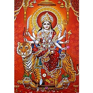crafts of india best of indian crafts store Goddess Durga Poster/Reprint Hindu Goddess Sheran Wali Mata Picture with Glitter (Unframed : Size 5"X7" inches)