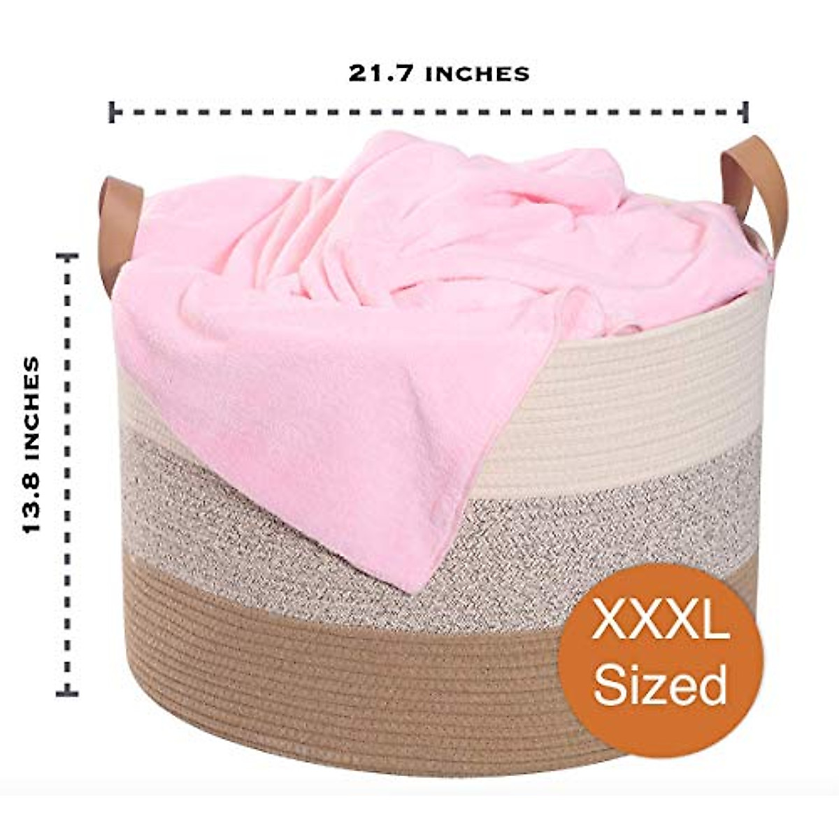 Decospark XXXL Cotton Rope Basket for Toy and Blanket Storage| 21.7" x 13.8" | Soft Long Handles | Decorative Home Organizer Ideal for Living Room, Baby Clothes and Laundry (Camel Grey and Cream)