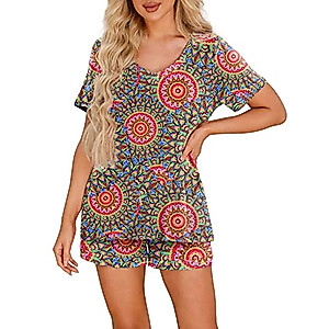 PrinStory Women's Pajama Set Short Sleeve Shirt and Shorts Sleepwear Pjs Sets with Pockets FP-Peacock Blue-Large