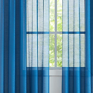 FMFUNCTEX Sheer Blue Curtains for Bedroom 96" Navy Slub Texture Light Filtering Voile Draperies for Garden Patio Linen-Look Breathable Sheer Window Panels Rod Pocket, 52" Wide 2 Pcs