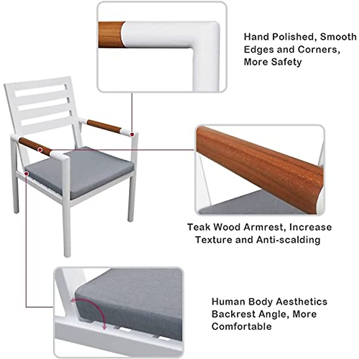 JP Outdoor Patio Dining Chair Set of 6, White Stackable Cast Aluminum Armchair with Grey Cushion, for Indoor Living Room or Outdoor Lawn, Garden, Courtyard, Bistro