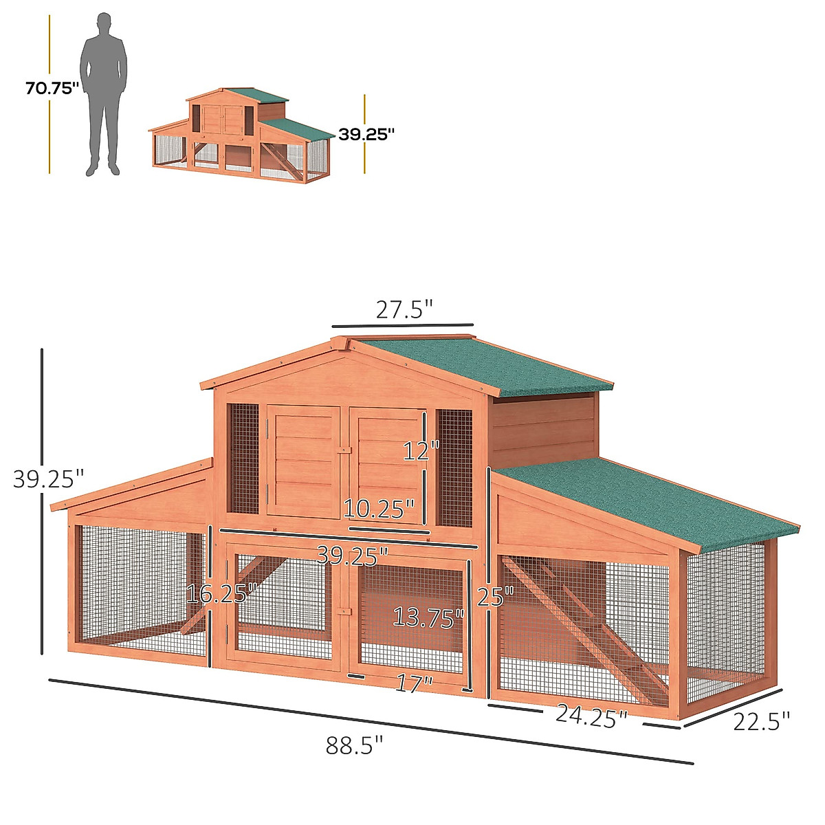 PawHut 89" L Outdoor Rabbit Hutch, Guinea Pig Cage Indoor Outdoor Wooden Bunny Hutch with Double Runs, Weatherproof Roof, Removable Tray, Ramps, Natural