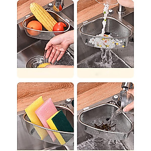 Stainless Steel sink drain basket, Kitchen Food Waste Leftovers Food Catcher Garbage, Corner Kitchen Sink Strainer Basket for Draining Residuum, Drip Drying Sponge (1Pcs)