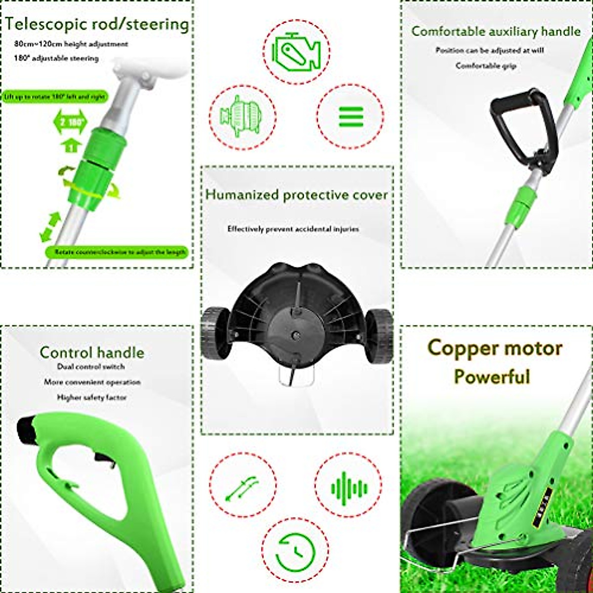Electric Grass Trimmer , Cordless Lawn Mower with Wheel , 23cm Cutting Width（2 Lithium-Ion Battery & Quick Charger） Green