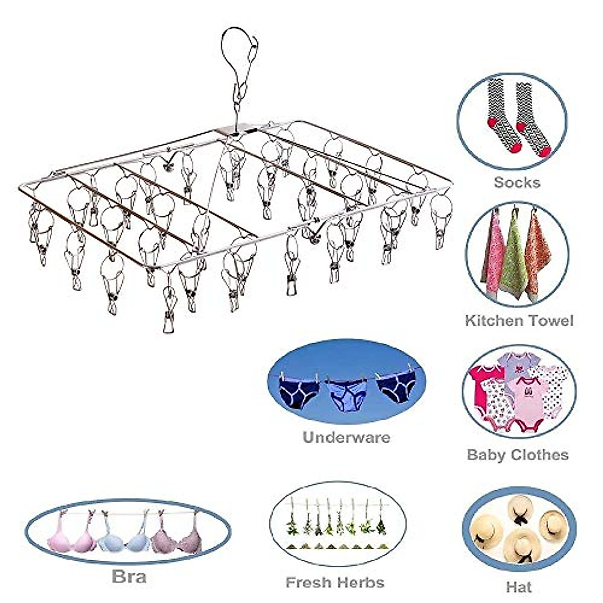 Fayleeko Clothes Drying Rack with 34 Clips, Folding Stainless Steel Drying Hanger, Baby Hangers,Clothes Hangers for Drying Socks,Drying Towels, Diapers, Bras, Baby Clothes,Underwear