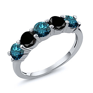 Gem Stone King 925 Sterling Silver Blue Diamond and Black Diamond Wedding Band Ring For Women (0.79 Cttw, Round 3.5MM, Gemstone April Birthstone, Available In Size 5, 6, 7, 8, 9)