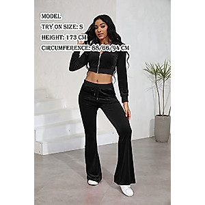 Wryran Velour Tracksuits Womens 2 Piece Lounge Outfits Zip Up Cropped Jacket Velvet Track Suits Y2K Sweatshirt and Flared Sweatpants with Pockets Matching Set Black Medium