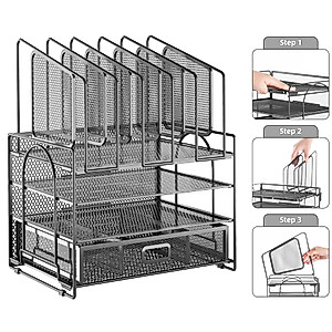 Marbrasse Desk Organizers, 4-Tier Mesh Desk File Organizer with 5 Vertical File Holders and 2 Pen Holders, Multifunction Desktop Organizer,Desk Organizers and Accessories for Home Office (Gray)