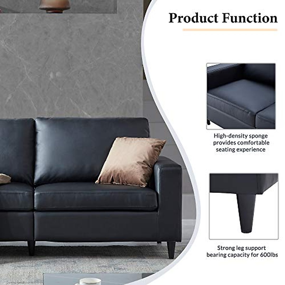 MOEO 2 Piece Leather Sofa Sets, Modern Upholstered Loveseat and 3 Couch Furniture for Living Room, Solid Frame and Wood Legs-Black PU (5 Seat)