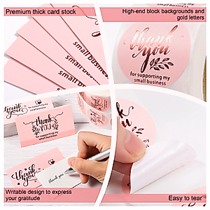 600 Pieces Thank You Cards and Stickers Set Pink Gold Foil Thank You For Supporting My Small Business Cards and Sticker Set for Retail Store Package Insert Envelope Seals Business Owner Sellers
