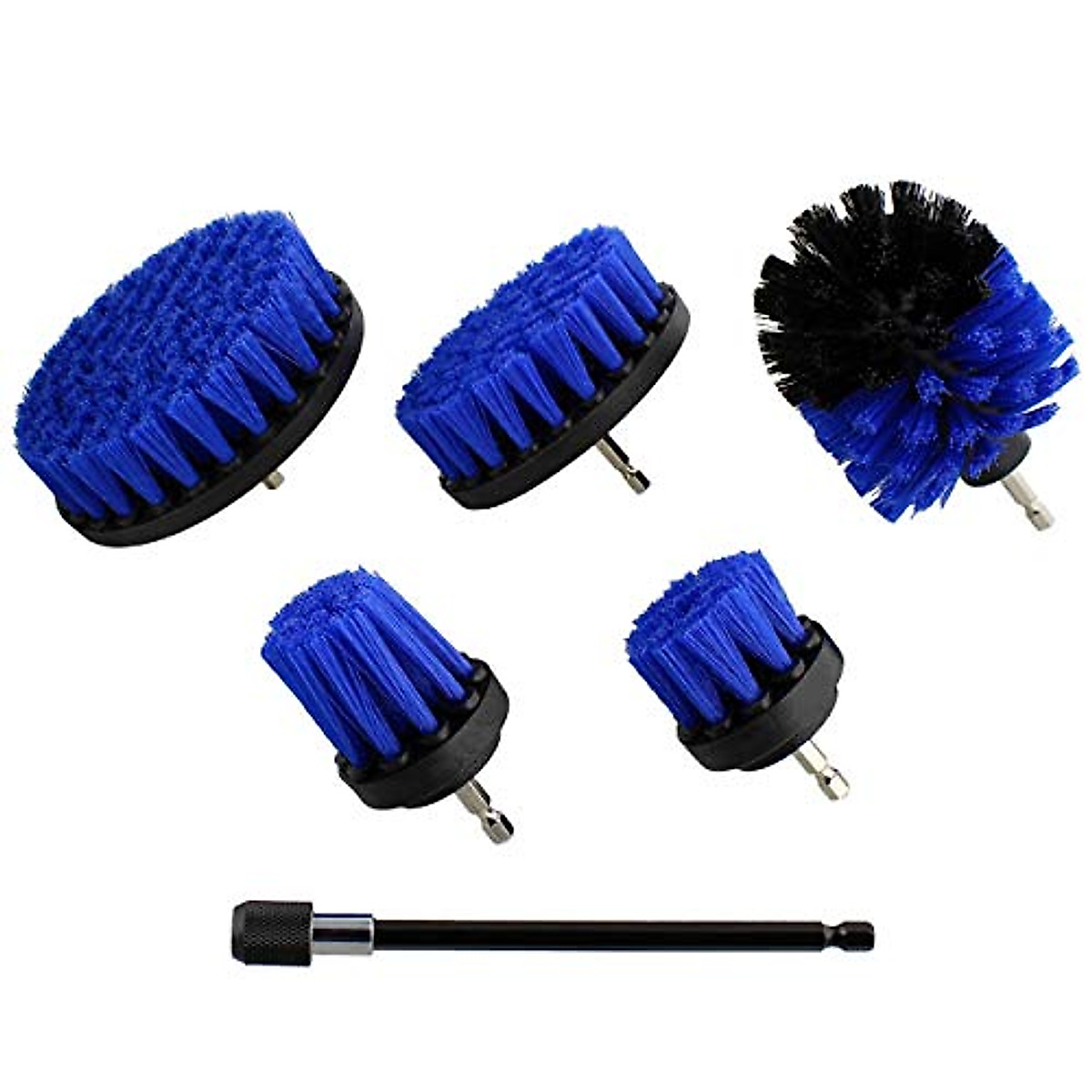ABN 1/4in Drive Nylon Scrubber Drill Attachment Cleaning Brush 5pc Set with 1pc Extension - Blue Medium Bristle