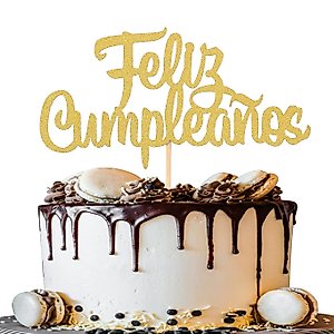 Spanish Feliz Cumpleaños Cake Topper - Gold Glitter Happy Birthday Cake Topper, Fiesta Theme Party Decoration supplies, single-side gold glitter decorations